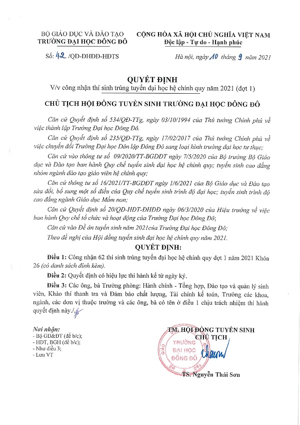 Quyết định công nhận thí sinh trúng tuyển đại học hệ chính quy năm 2021 - đợt 1| Đại học Đông Đô